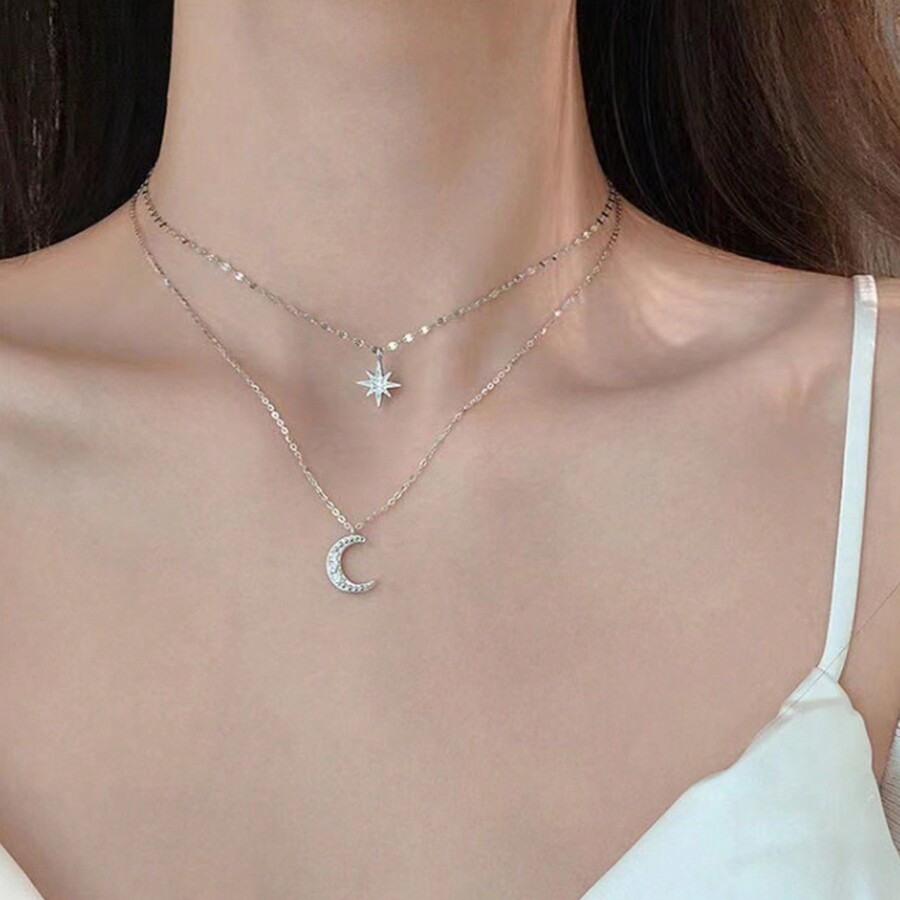 1pc Design Sense Light Luxury New Silver Flash Diamond Star Moon Double ...