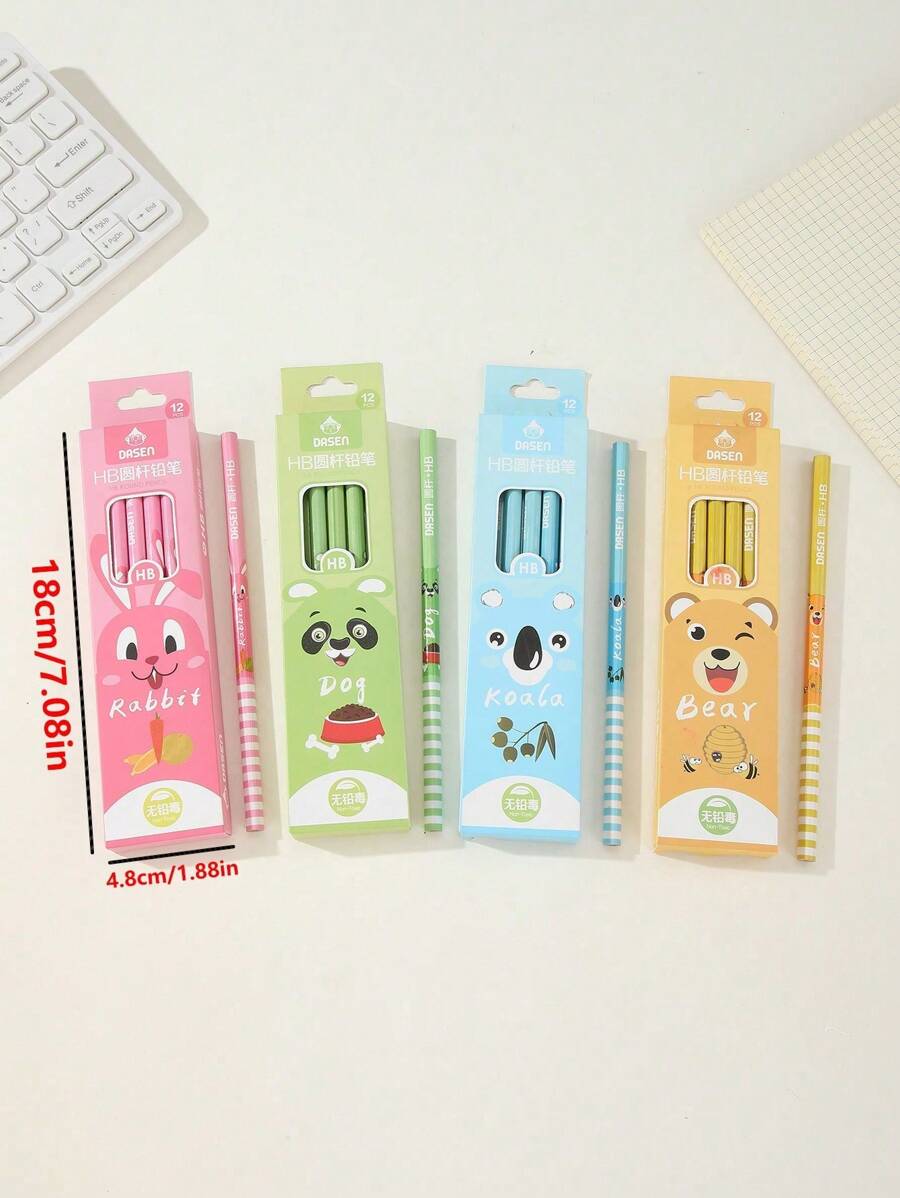 Randomly Send 1 Box Of 12pcs Hb Round Barrel Cartoon Patterned Pencils ...