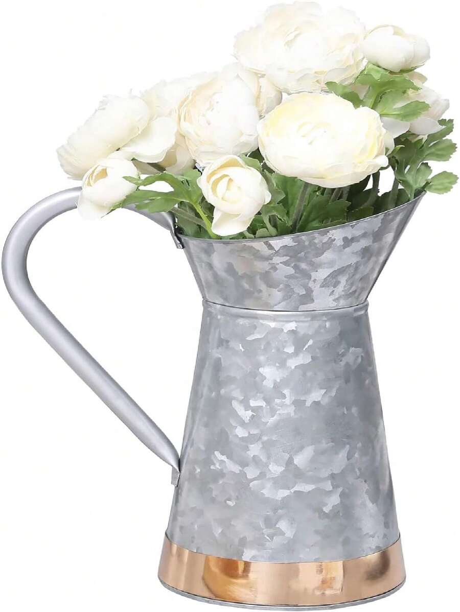 Galvanized Silver Metal Vase With Pouring Handle, Decorative Flower ...