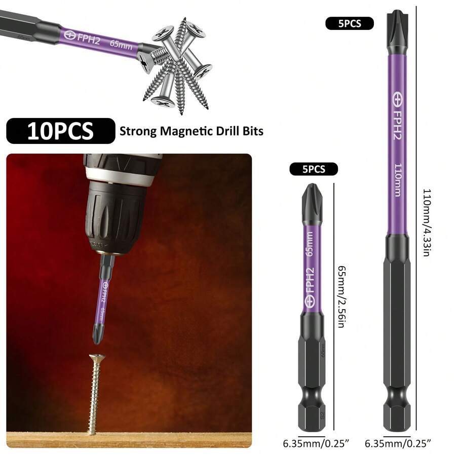 10Pcs Screwdriver Bit Set 65/110mm Magnetic Drive Bit Set Cross And ...