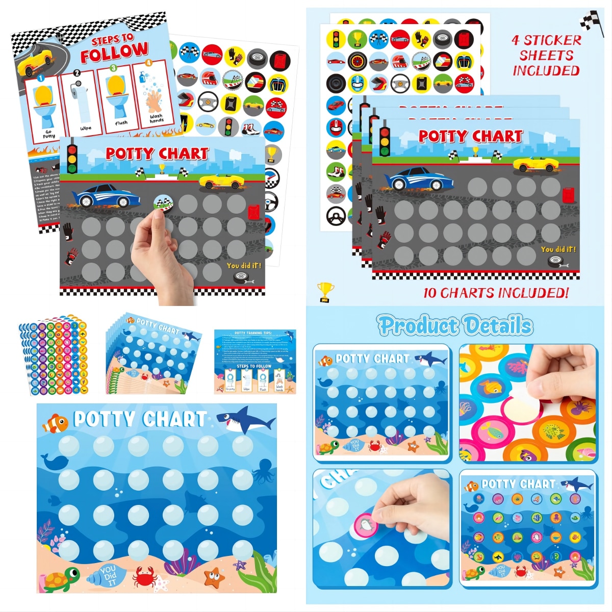 15Pcs Race Car/ Marine Animal Theme Potty Training Chart For Toddlers ...