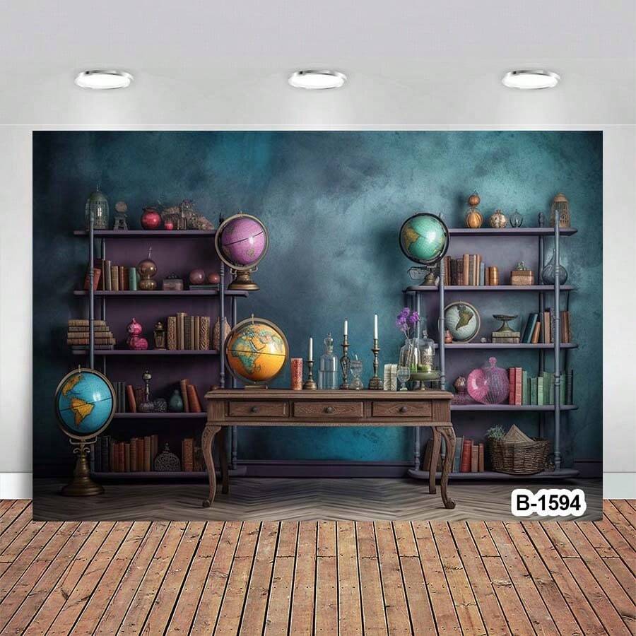 Vintage Bookshelf Globe Photography Background Back To School Party ...