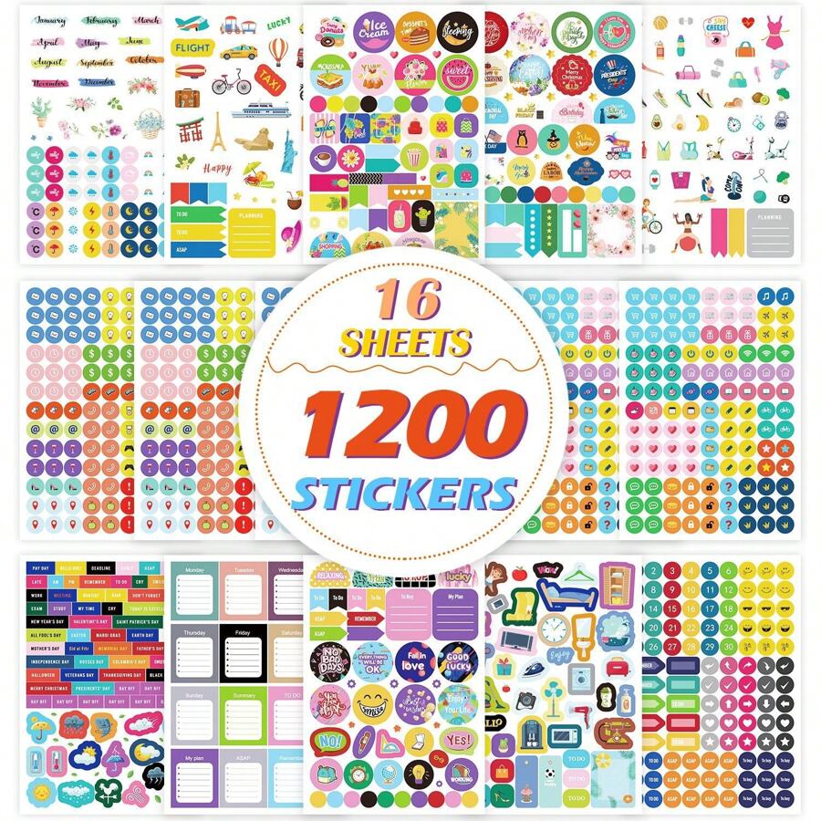 16 Sheets 1200 Stickers Plan Themed Label Stickers, Sun And Moon Diy ...