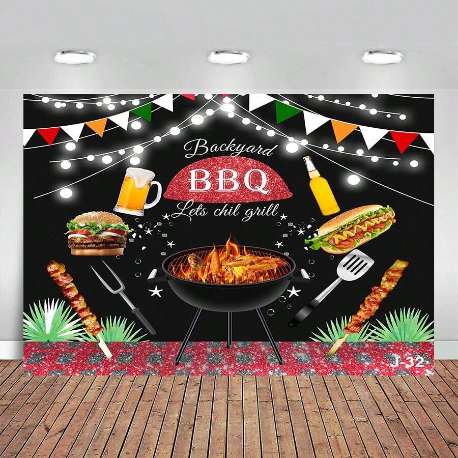 Backyard BBQ Backdrop Barbecue Beer Burgers Hot Dogs Background Green ...