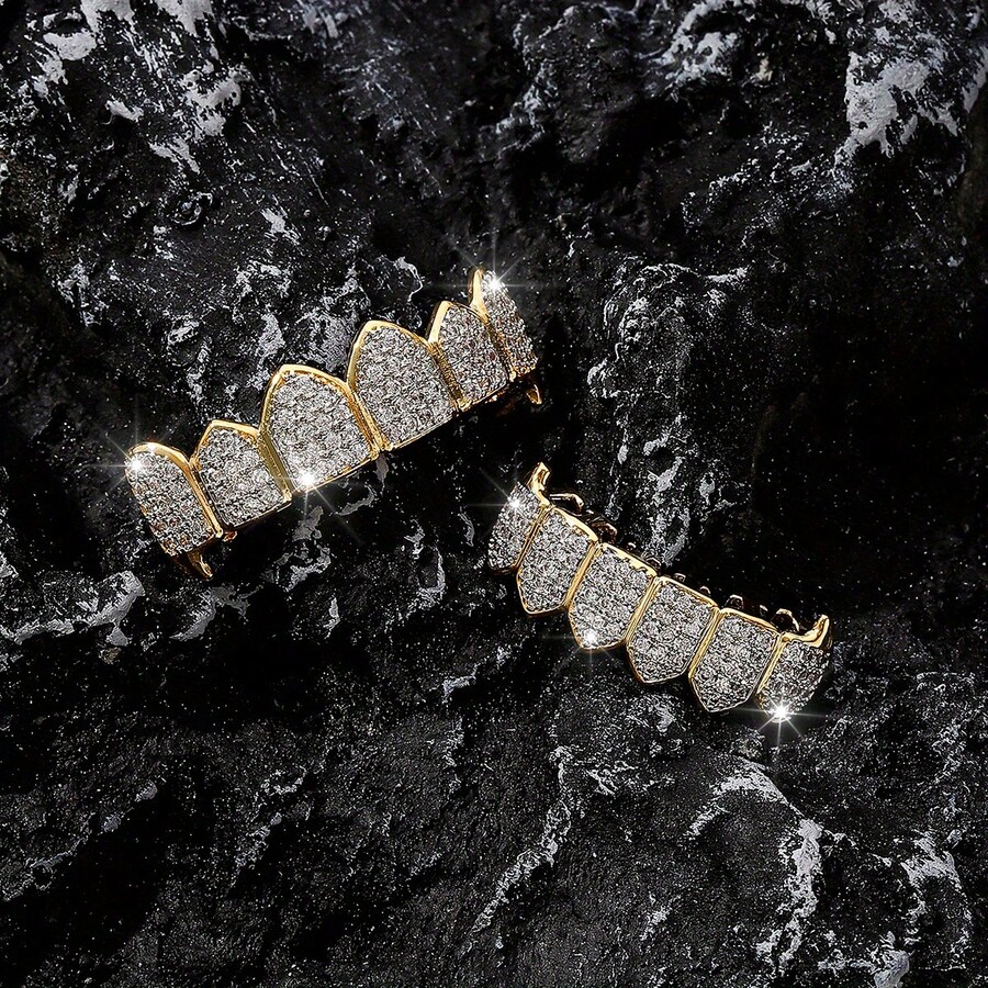Grills For Your Teeth Women 14K Golden Plated Fully Iced Out CZ Vampire ...