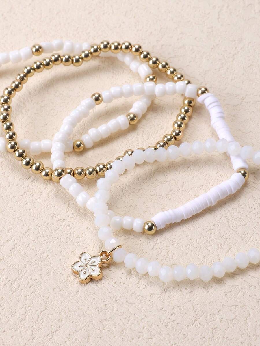 4pcs/Set Beach Style Ladies' White & Beige Beaded Soft Ceramic & Ccb ...