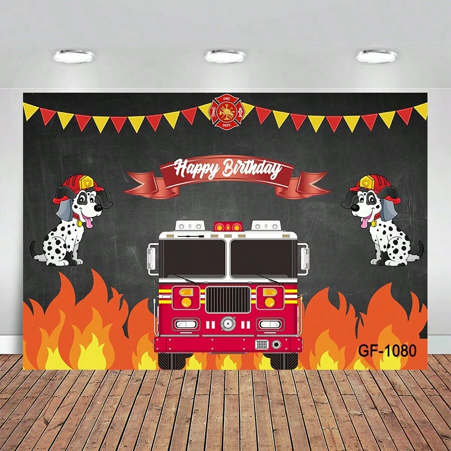 Firetruck Theme Children Birthday Background Firefighter Hero Boy Party ...
