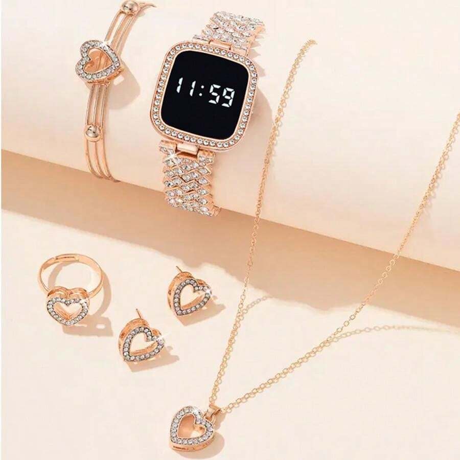 [FREE BOX]6 Pcs Digital Shinny Watch Set Square LED Ladies Watch Alloy ...