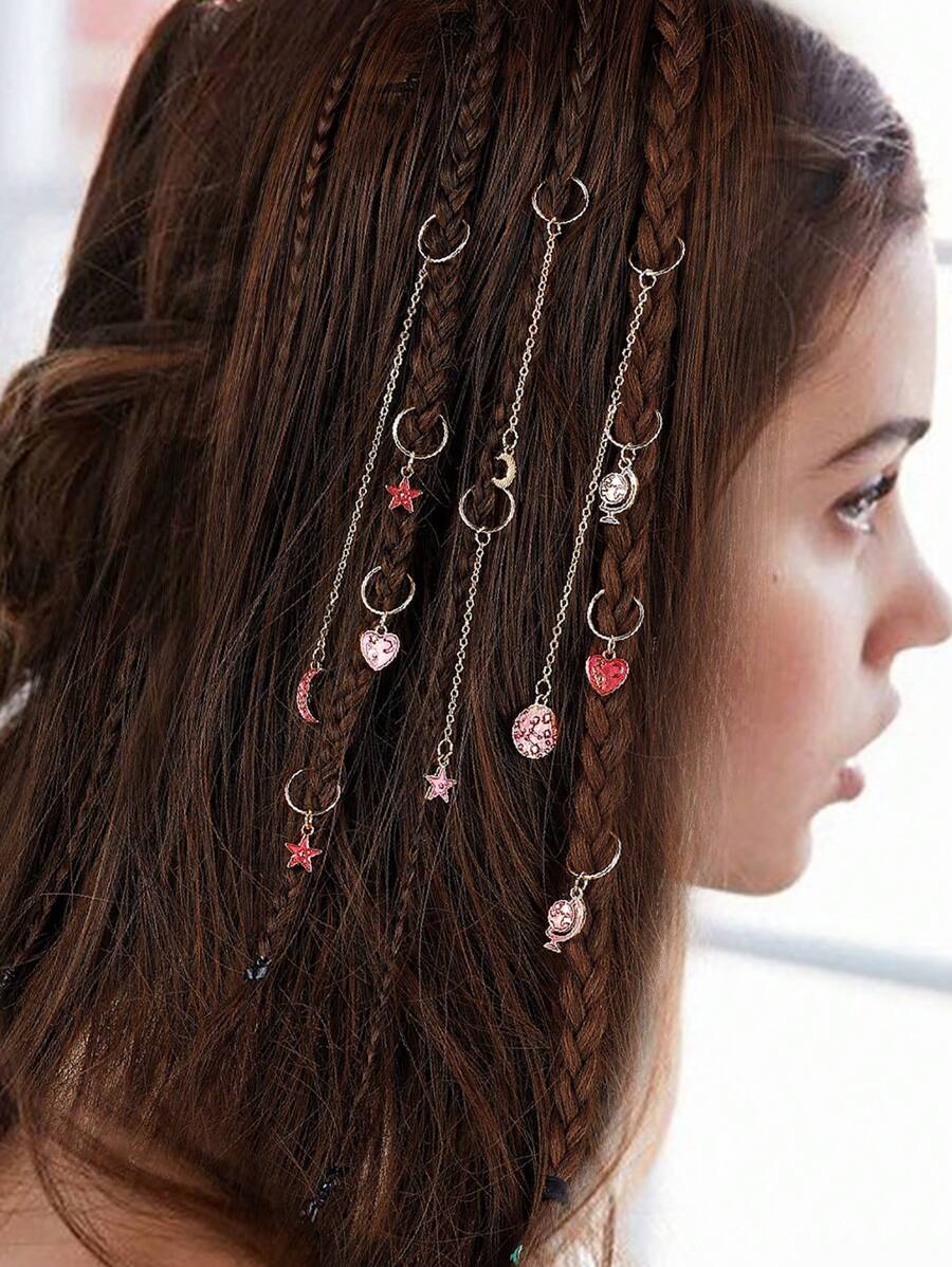 14pcs Pink Gold Hair Beads Accessories For Braids Planet Moon Stars ...