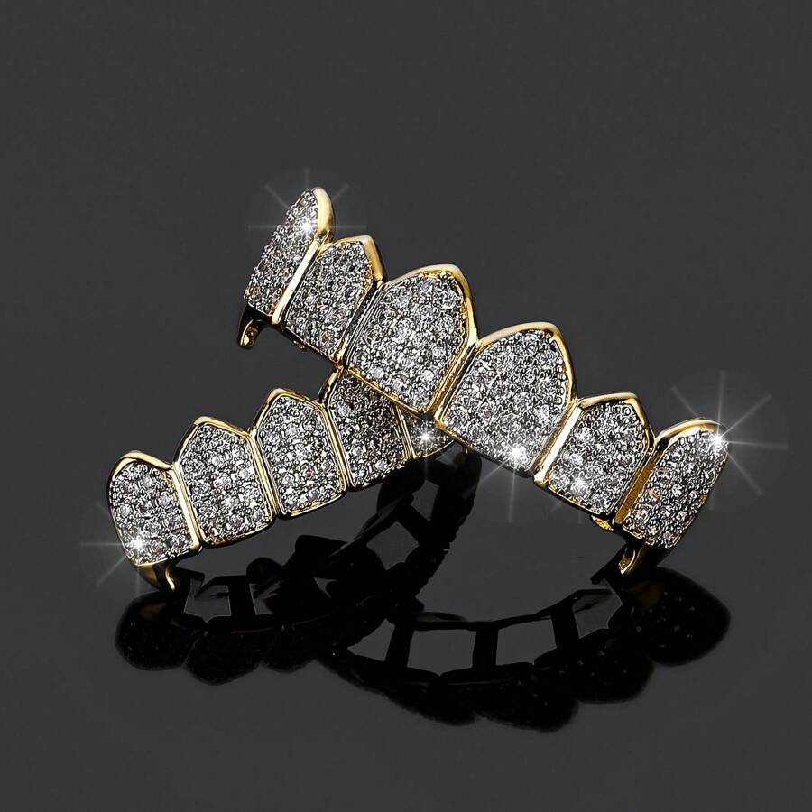 Grills For Your Teeth Women 14K Golden Plated Fully Iced Out CZ Vampire ...