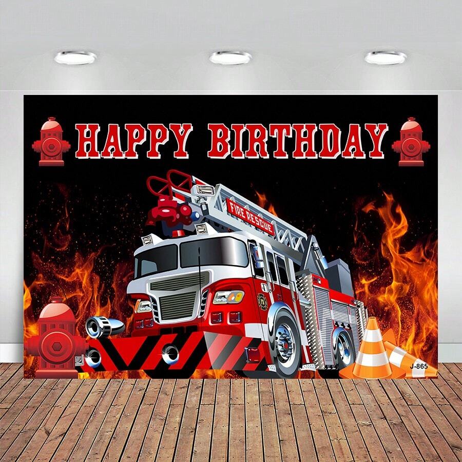 Firetruck Theme Children Birthday Background Firefighter Hero Boy Party ...
