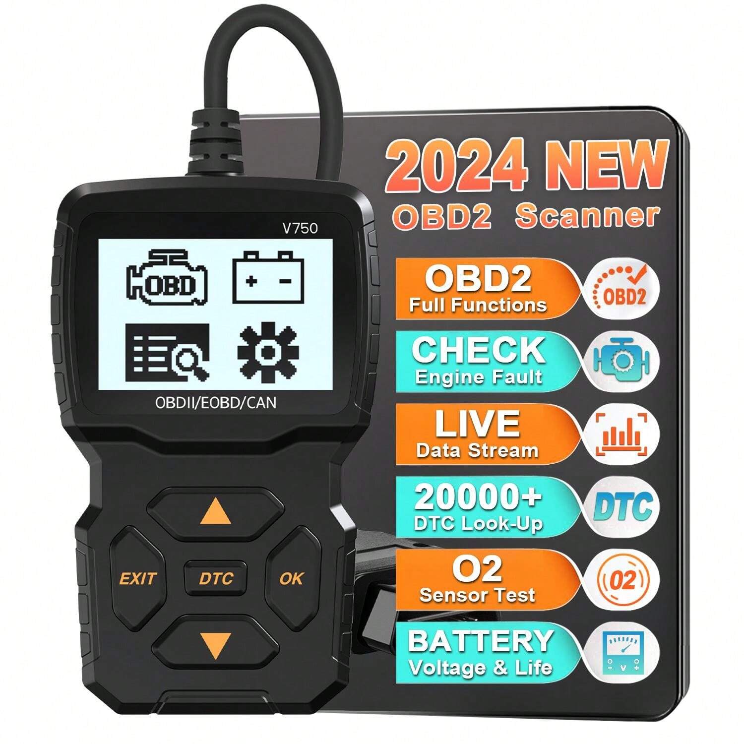 OBD2 Reader Diagnostic Tool, OBDII EOBD Car Code Scanner Check Engine ...