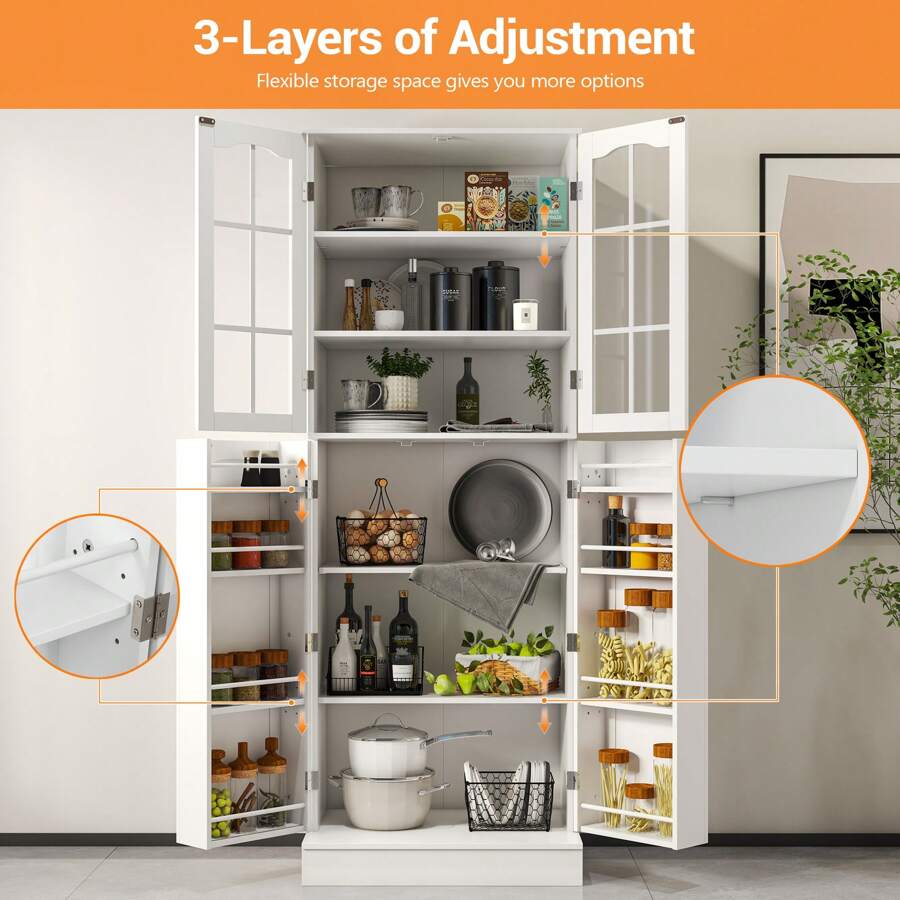 64" Kitchen Pantry Storage Cabinet With Adjustable Shelves, White ...