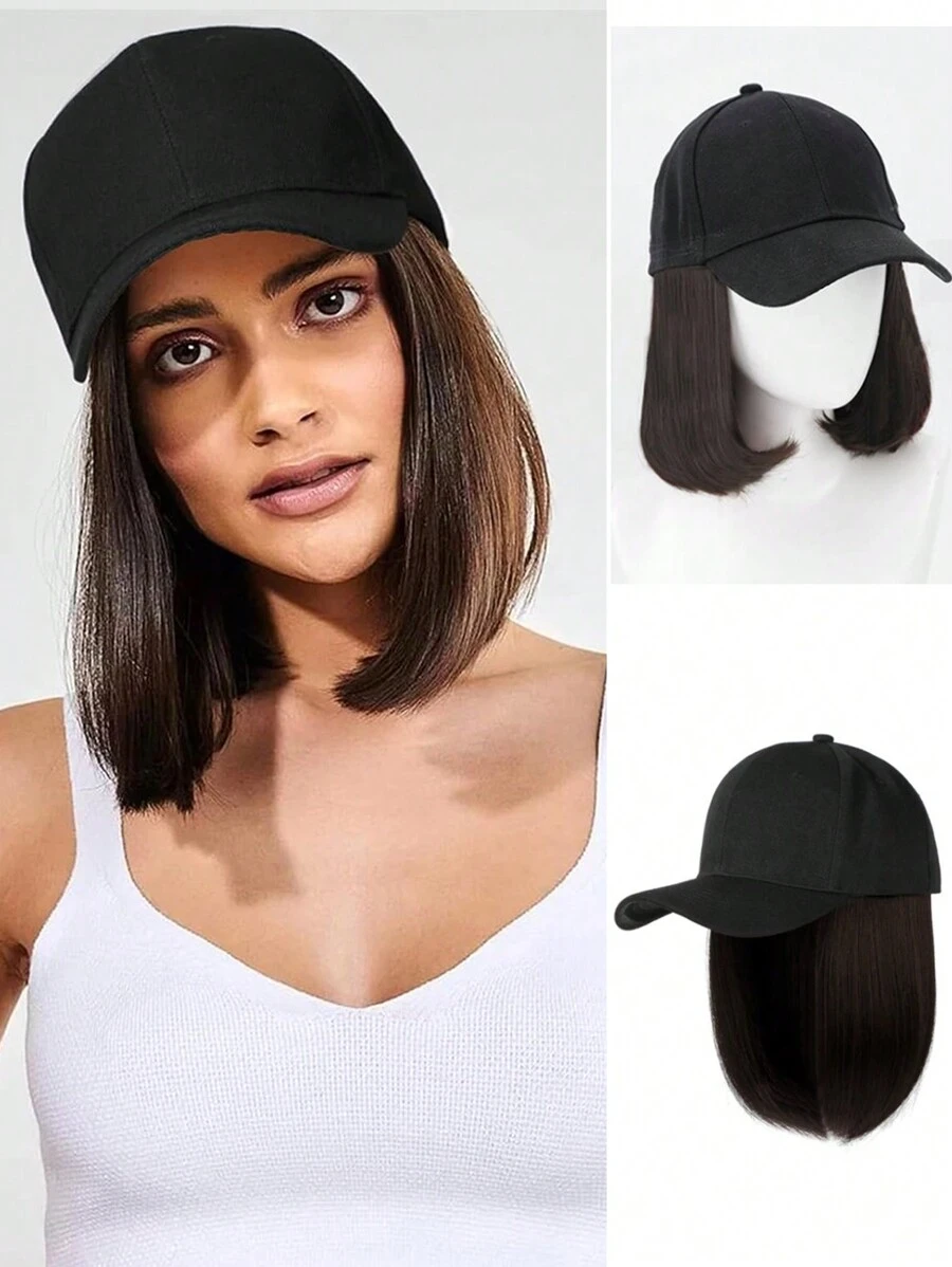 SHDanrtsey Baseball Cap With Hair Extensions Straight Short Bob ...