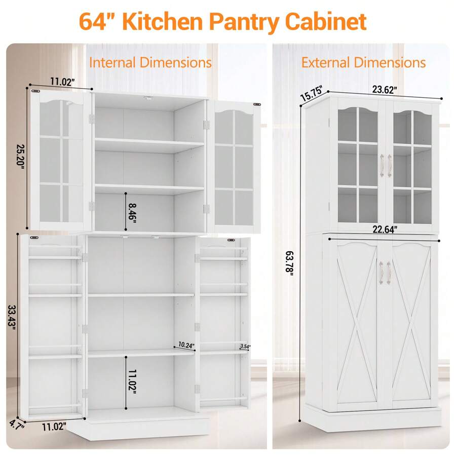 64" Kitchen Pantry Storage Cabinet With Adjustable Shelves, White ...