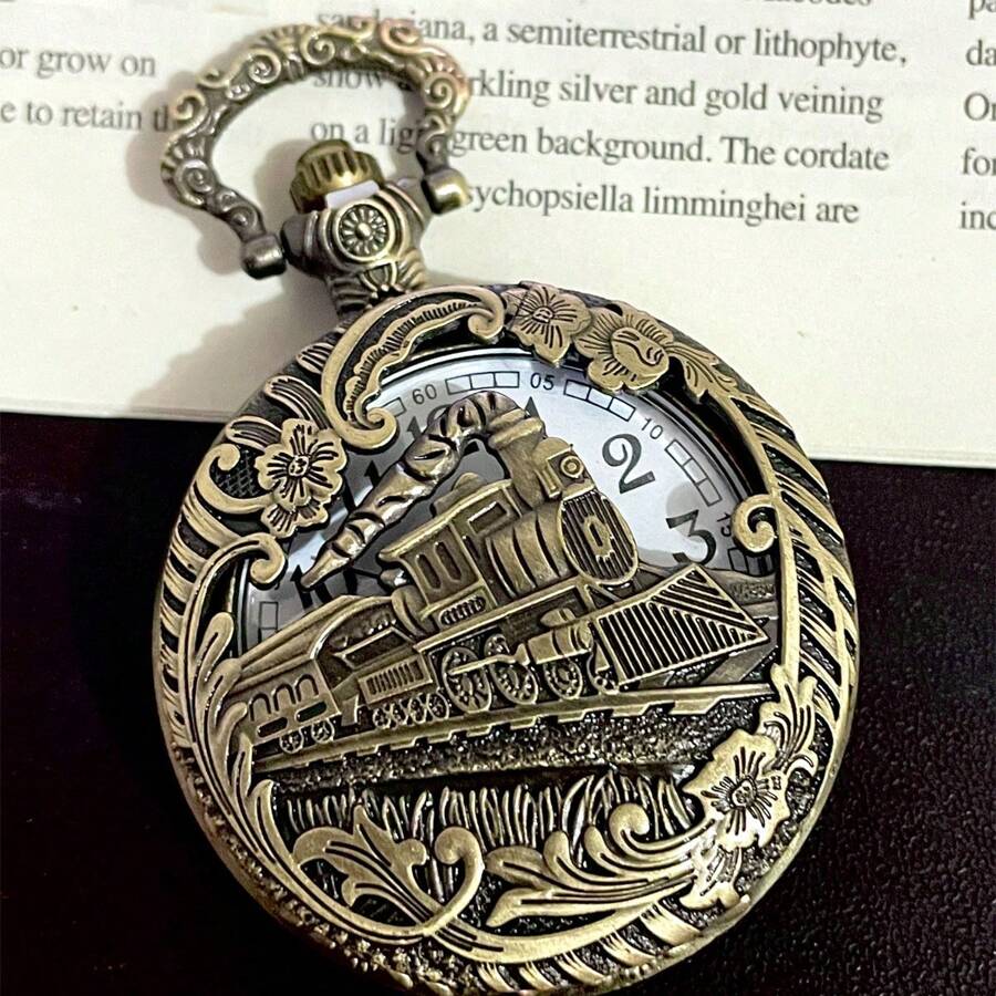 Vintage Train Patterned Pocket Watch With Chain Pendant, Quartz ...