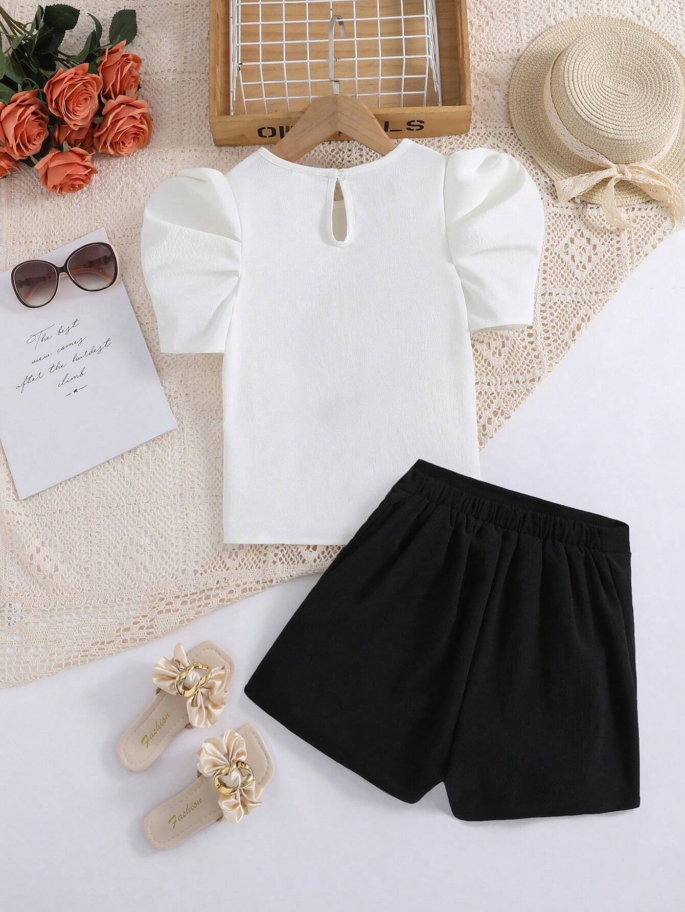 Tween Girls' Solid Color Bubble Sleeve Round Neck Short Sleeve Top With ...