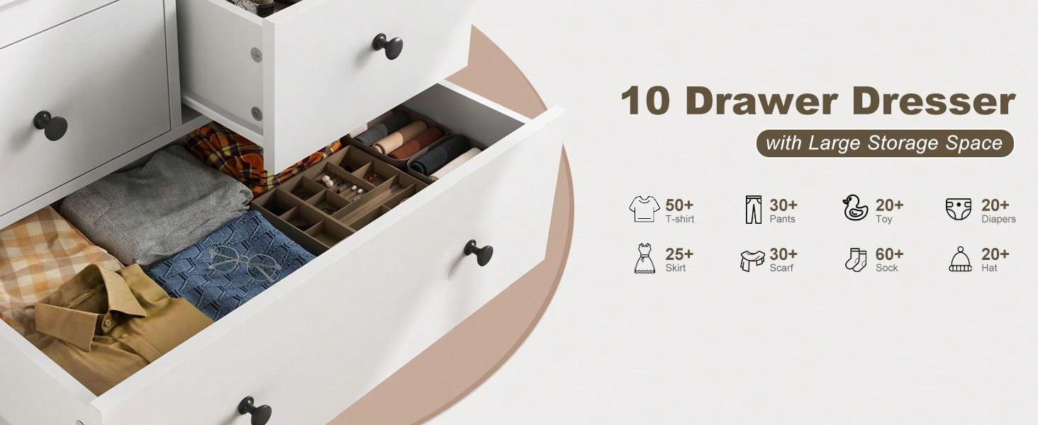 Raybee Dresser, Dresser For Bedroom With 10 Drawers And Smooth Metal ...