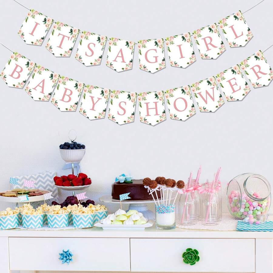 1Pcs It's A Girl Baby Shower Banner - Pink Floral Baby Shower ...