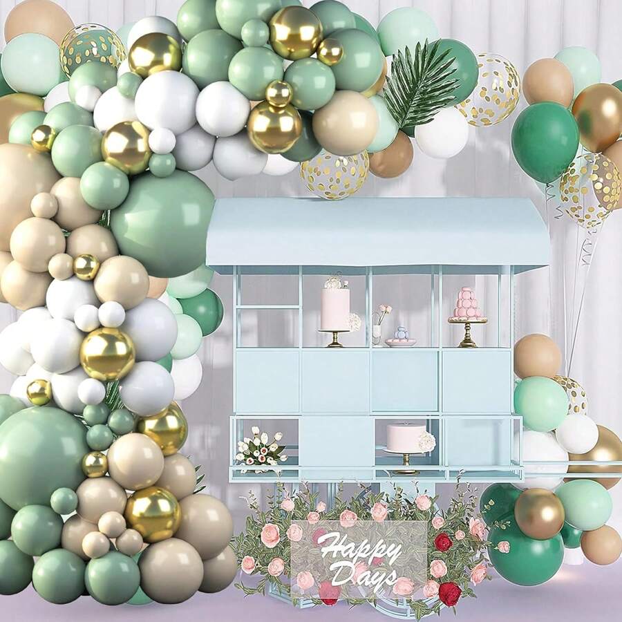 1Set Sage Green And White Balloon Garland Kit,Sage Green Gold White Balloon Arch With Gold ...