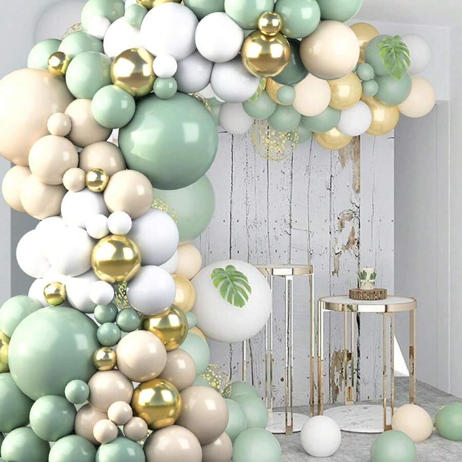 1Set Sage Green And White Balloon Garland Kit,Sage Green Gold White Balloon Arch With Gold ...