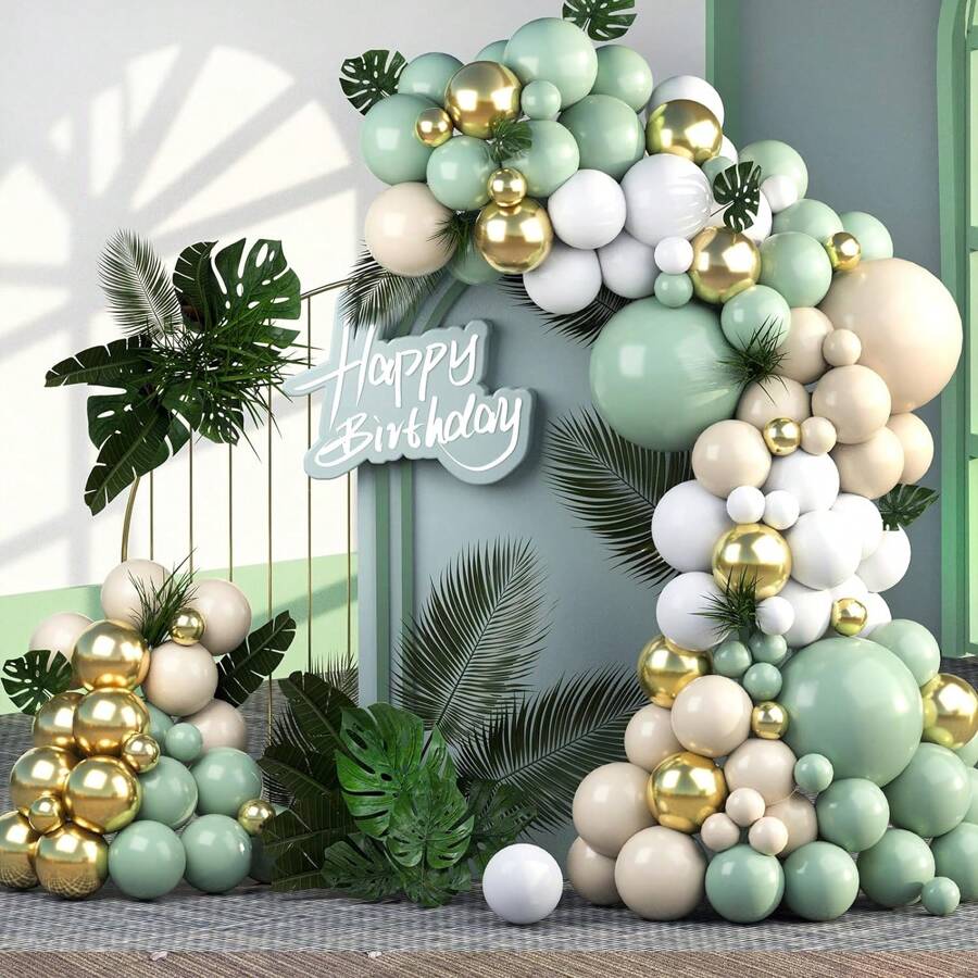 1Set Sage Green And White Balloon Garland Kit,Sage Green Gold White Balloon Arch With Gold ...