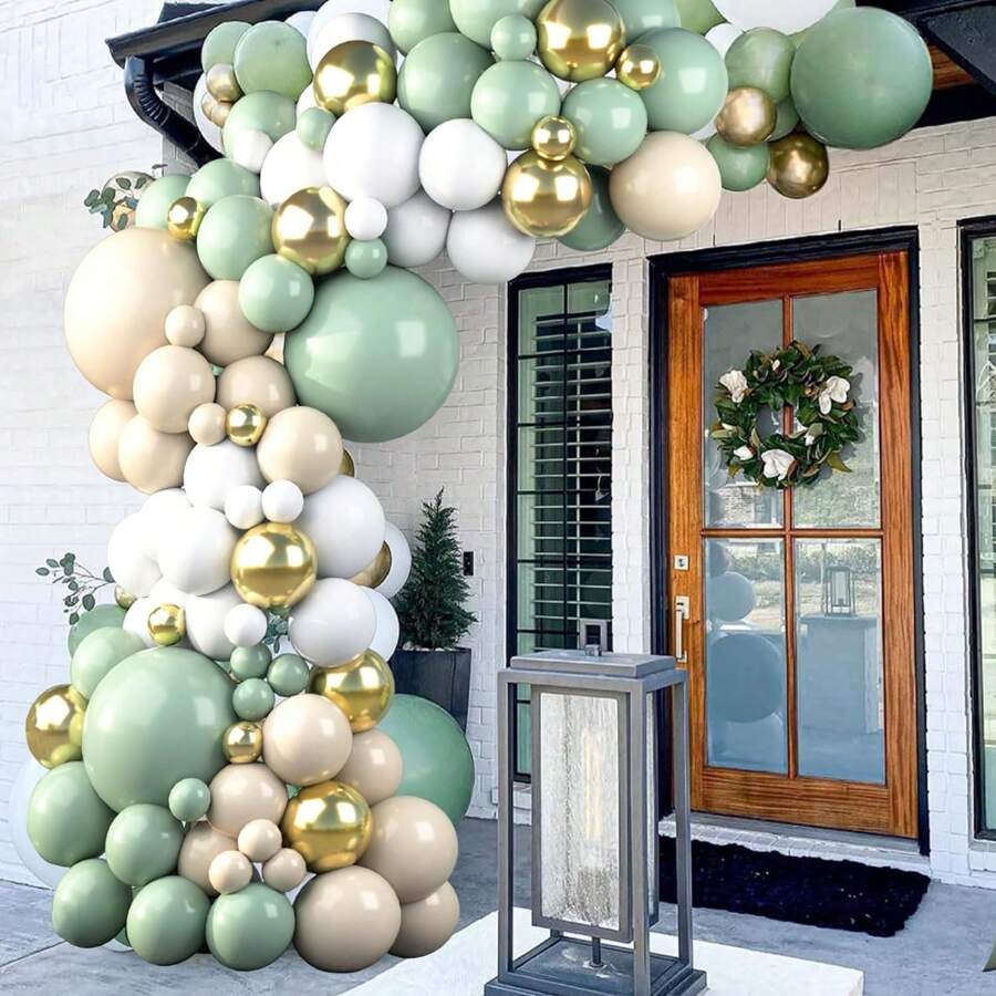 1Set Sage Green And White Balloon Garland Kit,Sage Green Gold White Balloon Arch With Gold ...