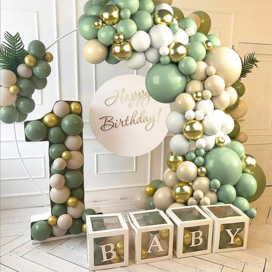 1Set Sage Green And White Balloon Garland Kit,Sage Green Gold White Balloon Arch With Gold ...
