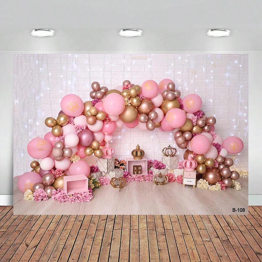 Pink Blue Curtain Princess Girl Boy Birthday Party Backdrop Crown ...