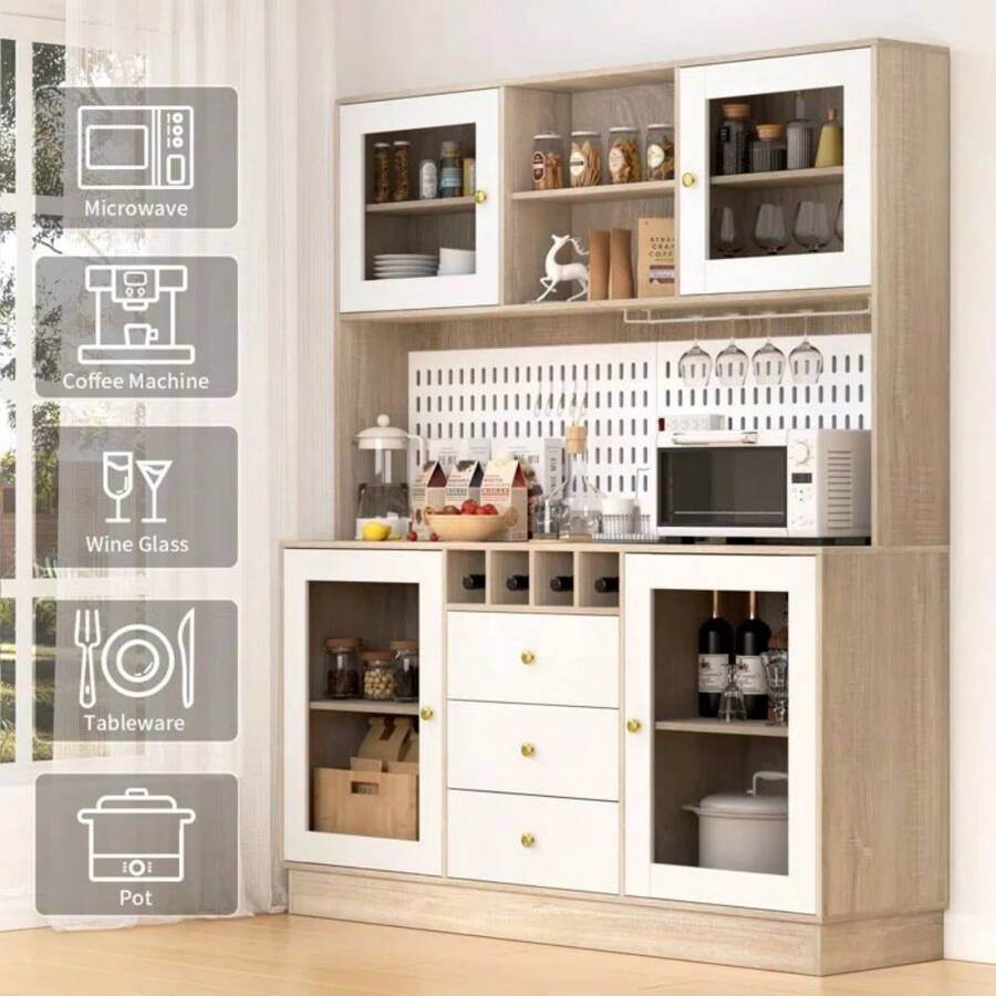 VOWNER 63" Kitchen Pantry With Outlets, Buffet Hutch With Pegboard, Cup ...