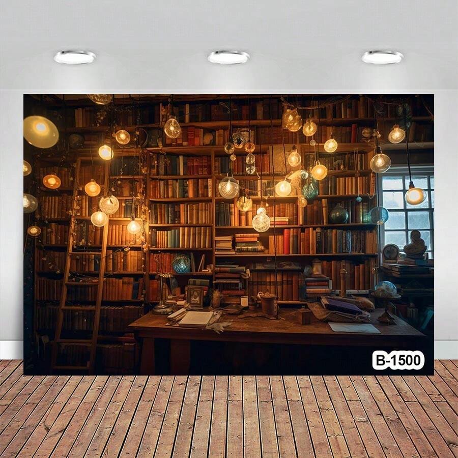 Interior Study Room Decor Bookshelf Night Electric Light Bulb Backdrops ...