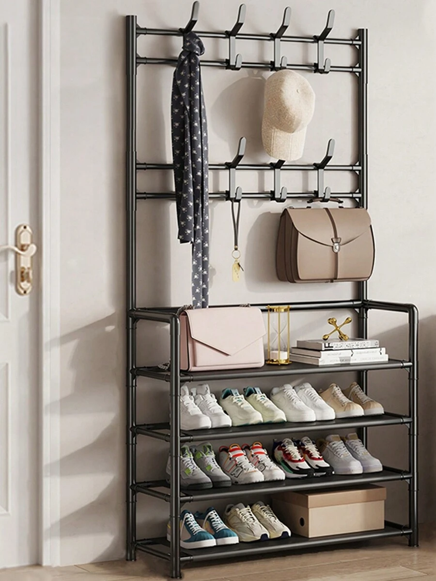 1pc 4-Layers Black Strengthened Coat & Hat & Shoe Rack Combination With ...
