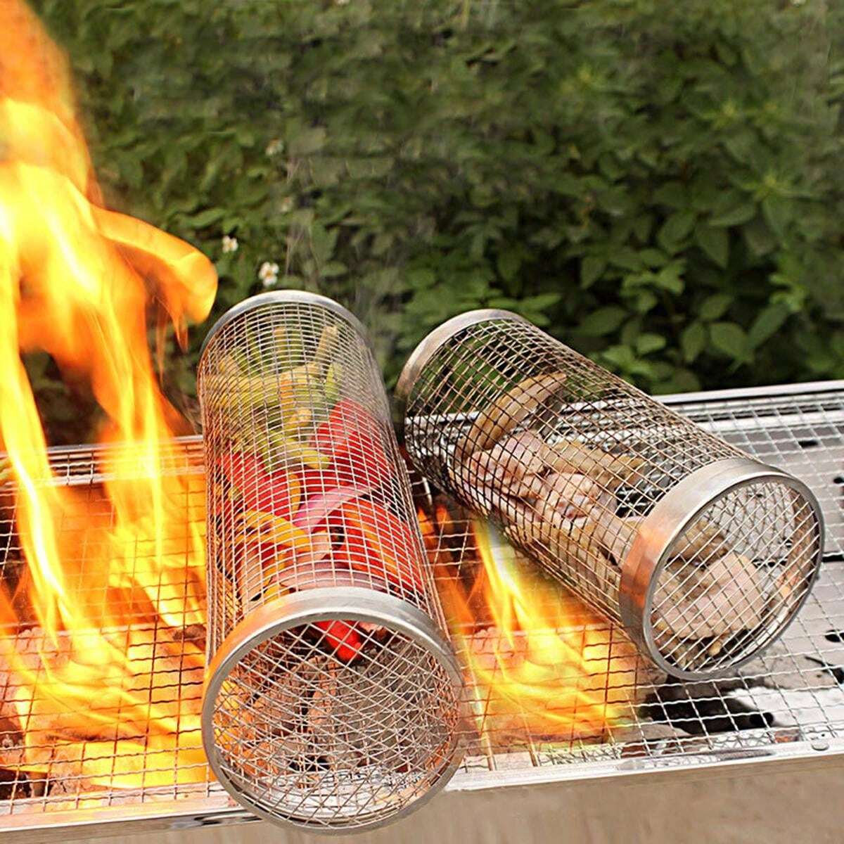 Stainless Steel Round Barbecue Grill Mesh Basket With Rolling Design ...