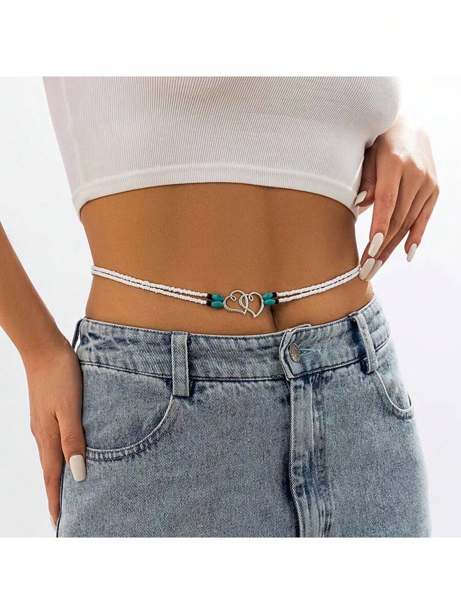 1pc Women's Beach Style Rice Bead Chain Heart Shaped Body Chain ...