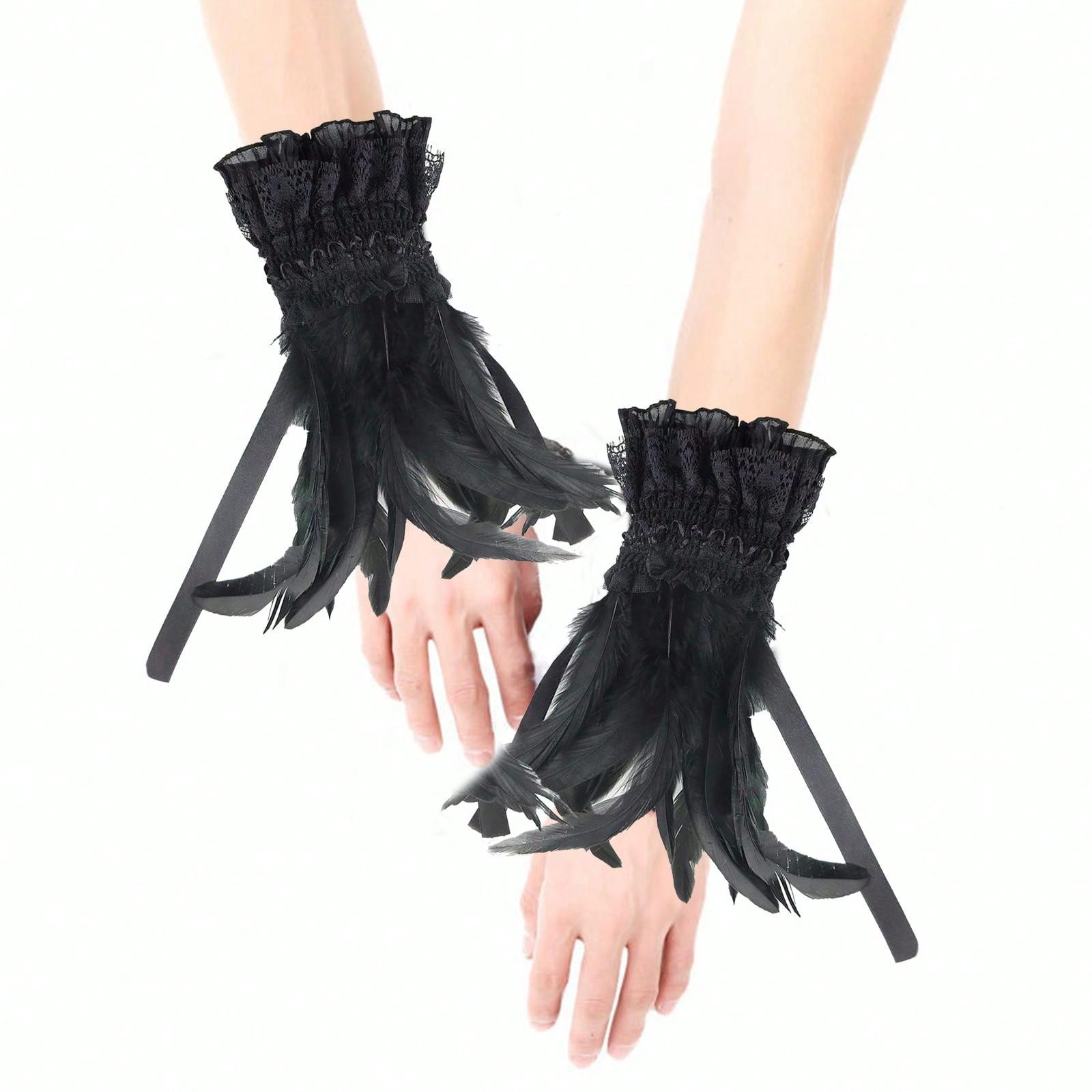 1pair Adjustable Natural Feather & Lace Cuff Armlet Decor In Cross ...