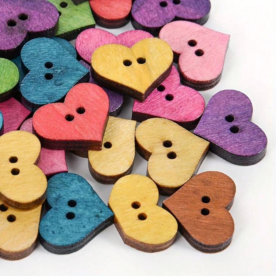 50PCs Colorful Wooden Heart Buttons With 2 Holes Love Heart Shaped Wood ...