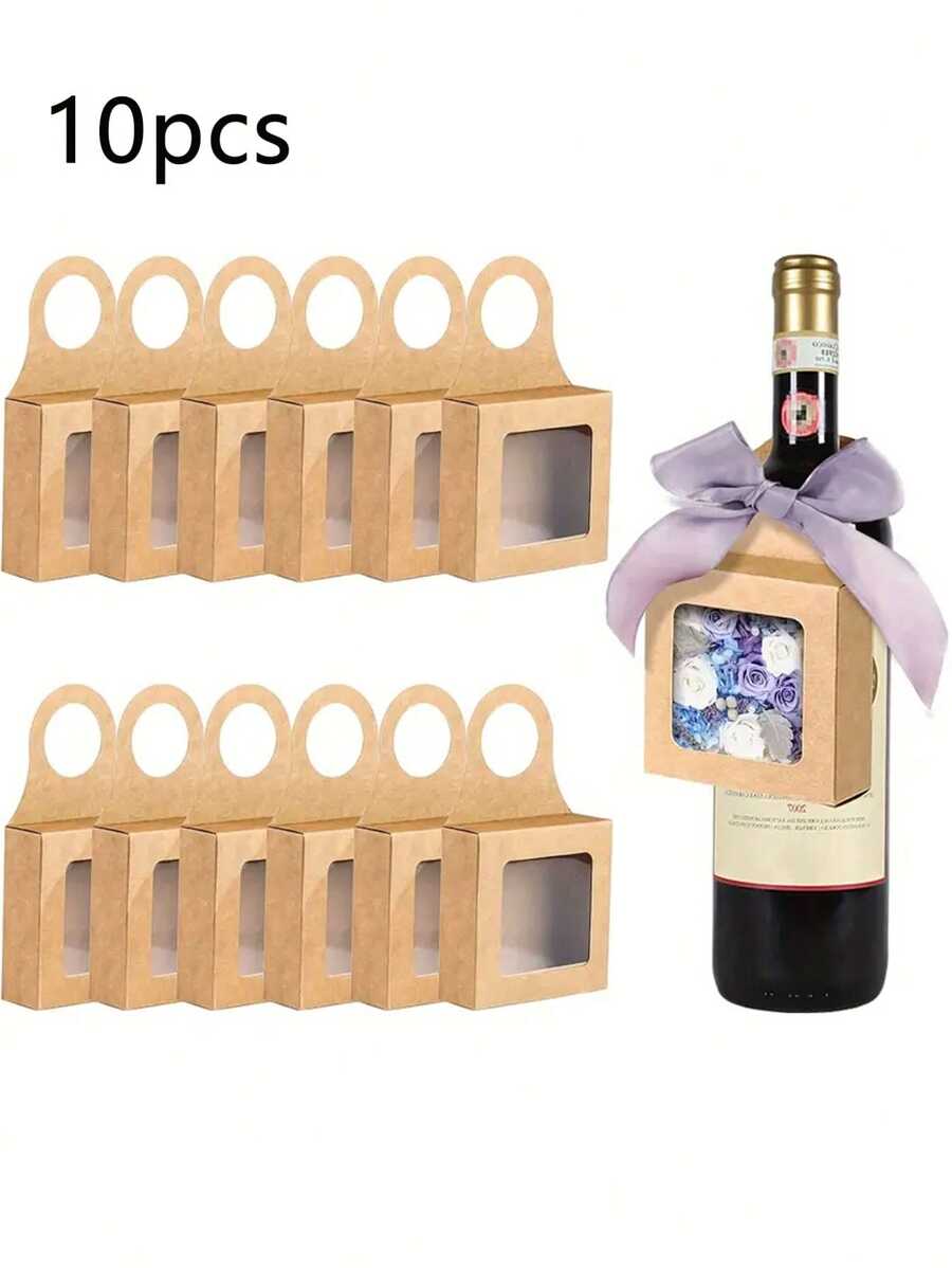 10pcs Kraft Wine Bottle Box With Window Hanging Foldable Wine Boxes ...