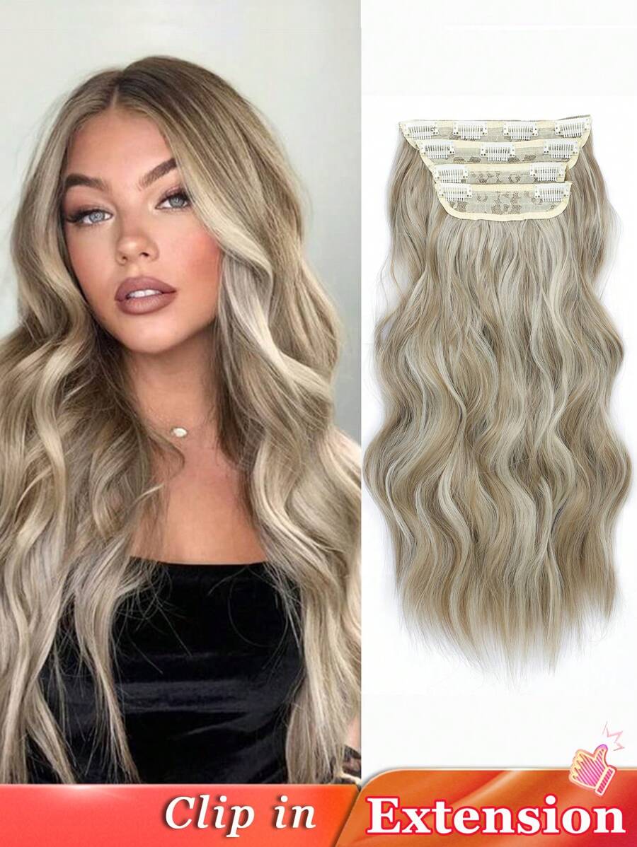 Clip In Long Wavy Hair Extension 4pcs Ash Blonde Mix Platinum Blonde ...