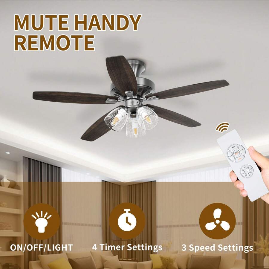 52 Inch Ceiling Fan With Light And Remote, Flush Mount Farmhouse ...
