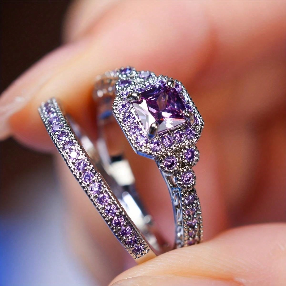 2pcs Elegant Stacking Rings Classy Halo Design Paved Shining Zirconia ...