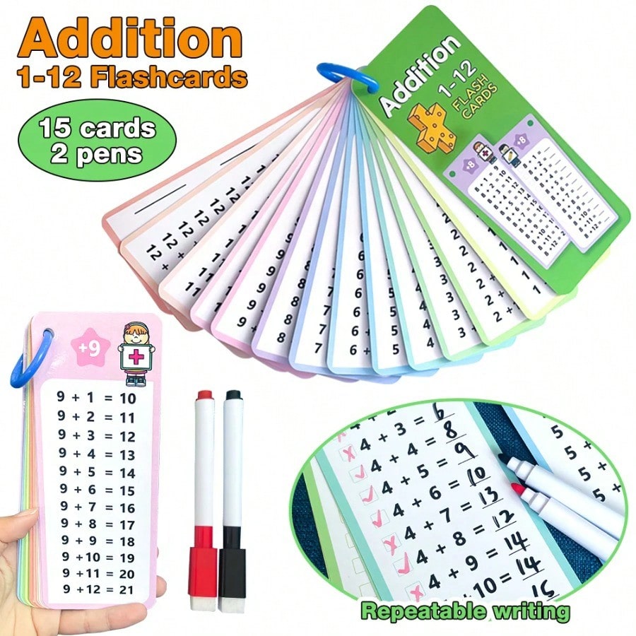 15 Pcs Kids Learning 1-12 Addition Table Cards, Addition Facts Charts ...