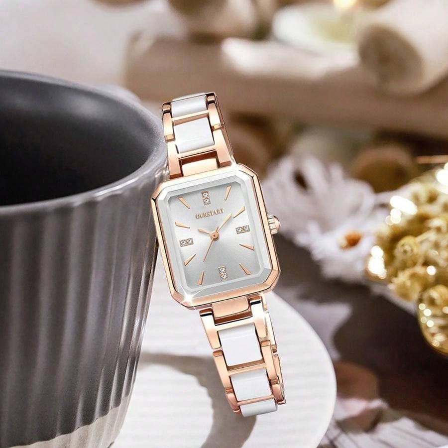 FREE BOX 6pcs Women White Color Watch Sets Fashion Square Stainless ...