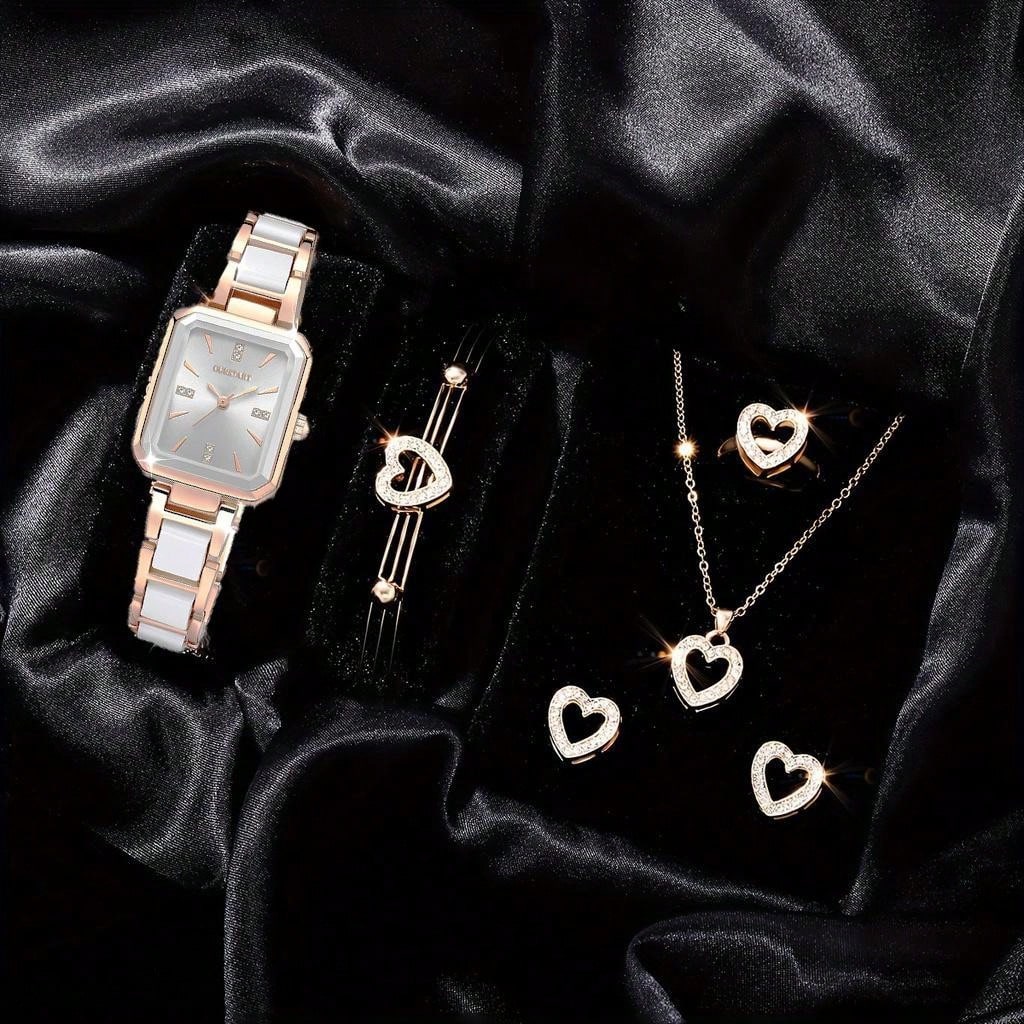 FREE BOX 6pcs Women White Color Watch Sets Fashion Square Stainless ...