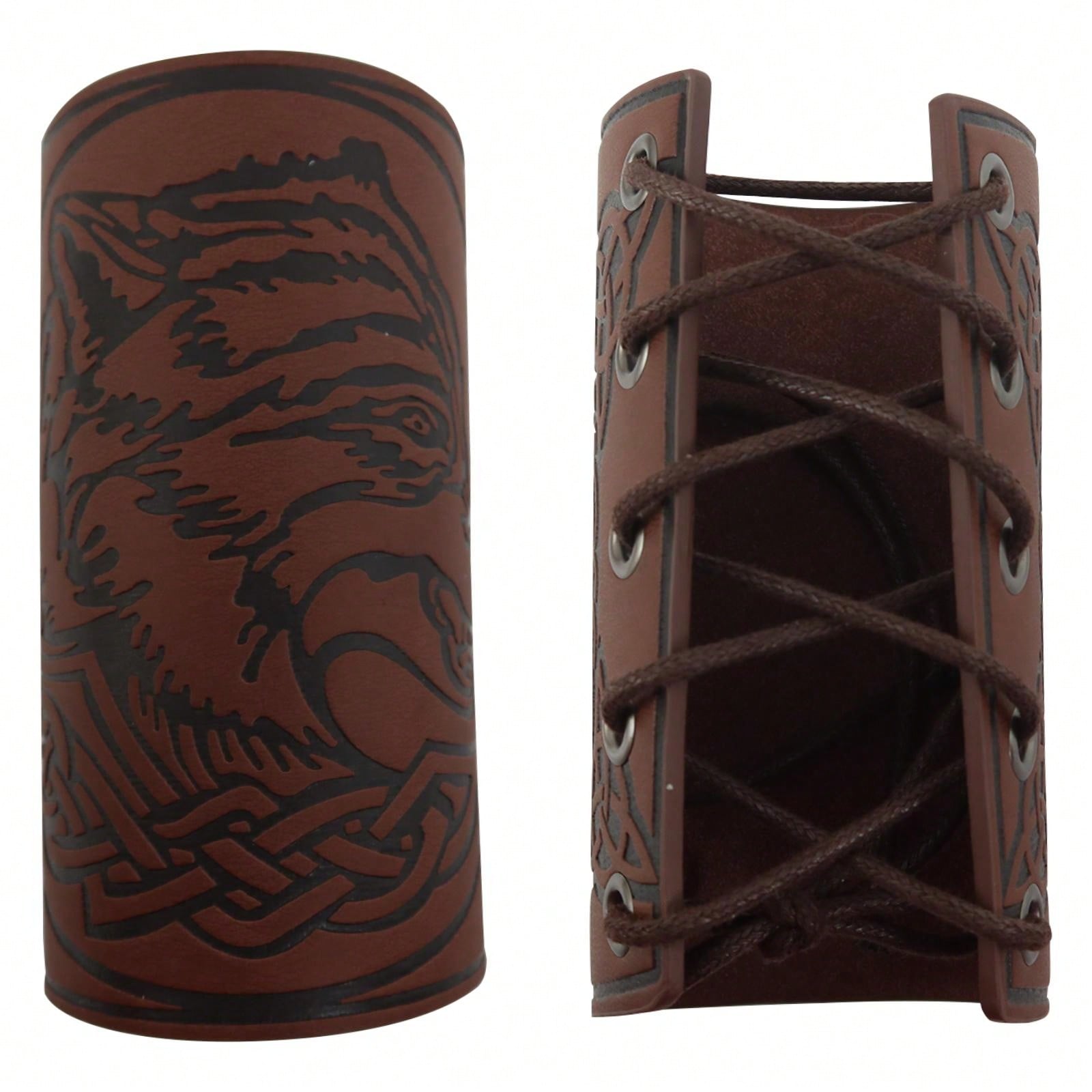 1pc Medieval Knight Bracer, Brown/Black With Ferocious Animal Face ...