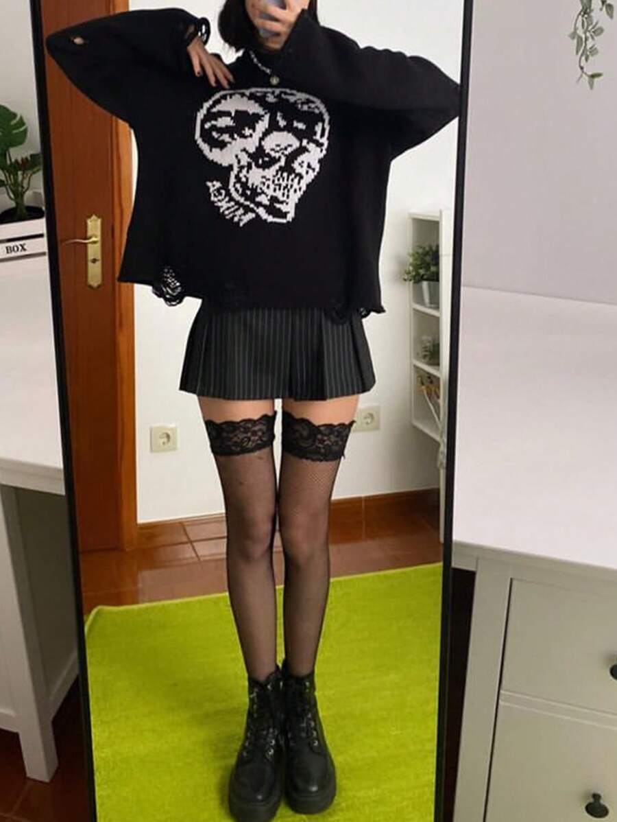 1 Par De Meias Arrastão Pretas Sobre O Joelho Com Oco, Acabamento Em ...