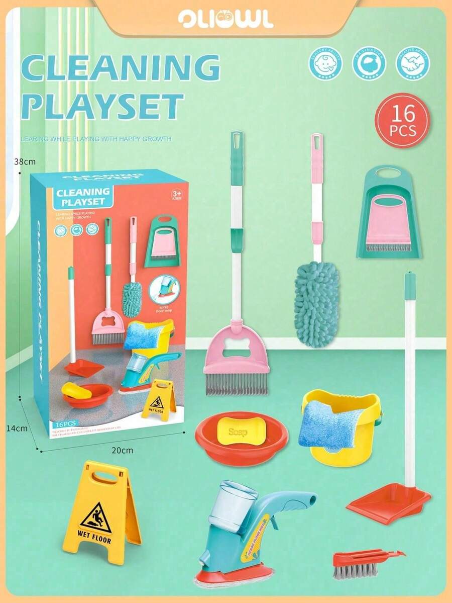 16pcs Pretend Play Cleaning Tools Set (Mop, Broom, Etc.), Tool Kit For ...
