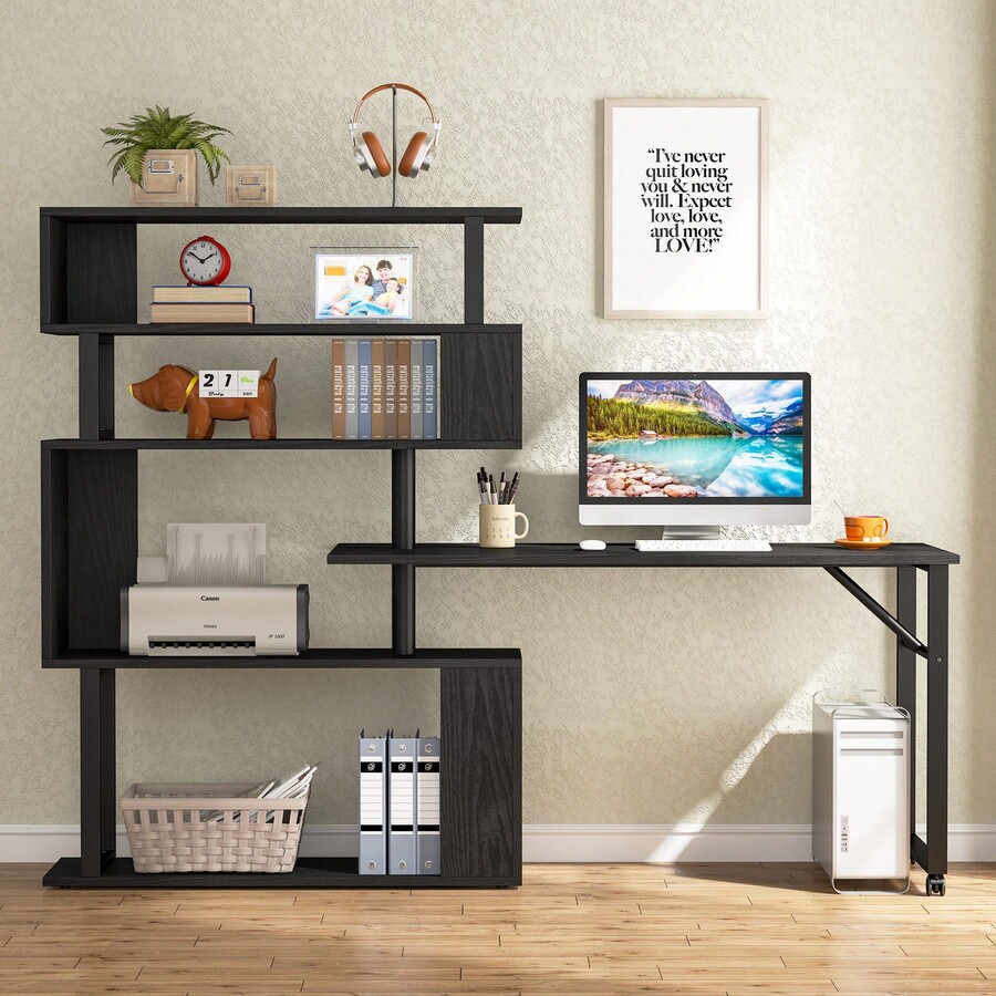 Tribesigns Rotating Computer Desk With 5 Shelves Bookshelf, Modern L ...