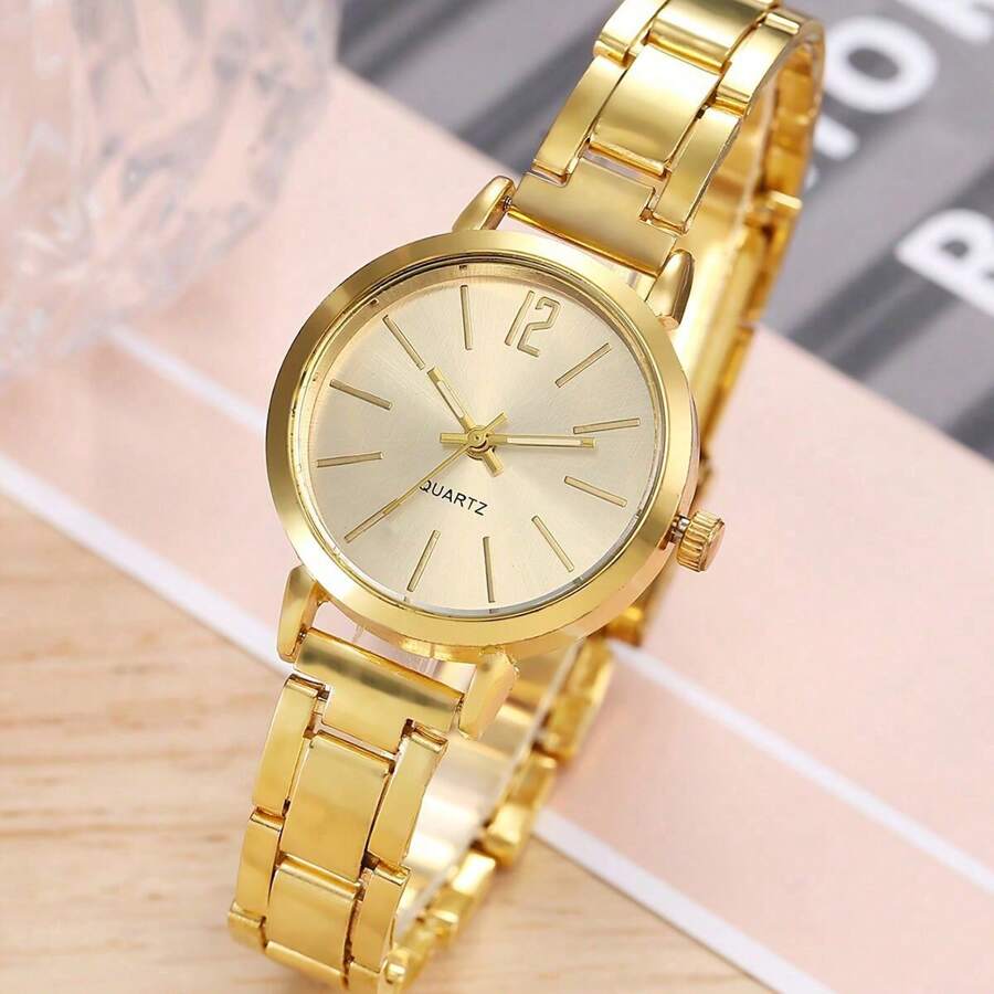 2pcs/Set Ladies Watch Gold Watch Trendy Alloy Quartz Women's Watch With ...