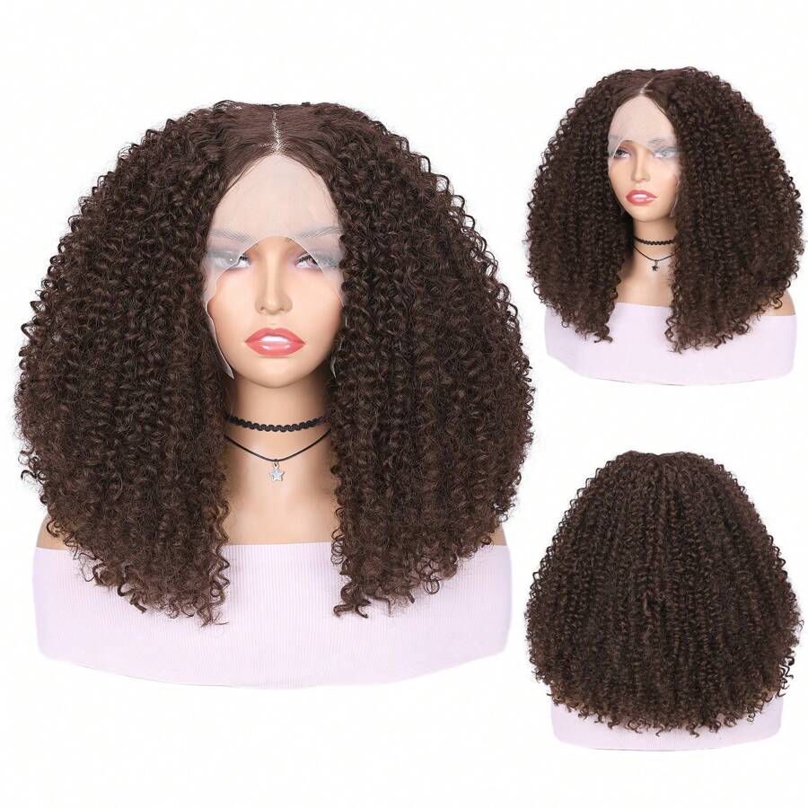 16" Black Hair Curly Lace Wig Coffee 's Synthetic Curly Hair Pre-Pulled ...