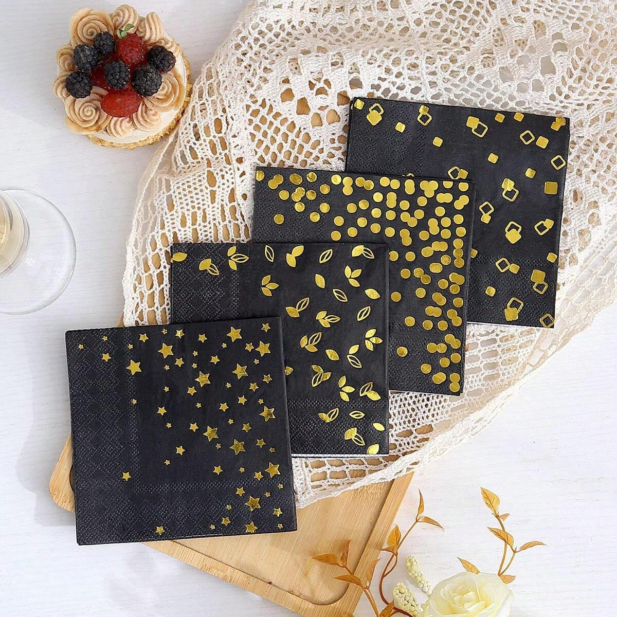 100 Pack Black Napkins - 4 Assorted Designs - 2-Ply Cocktail Napkins ...